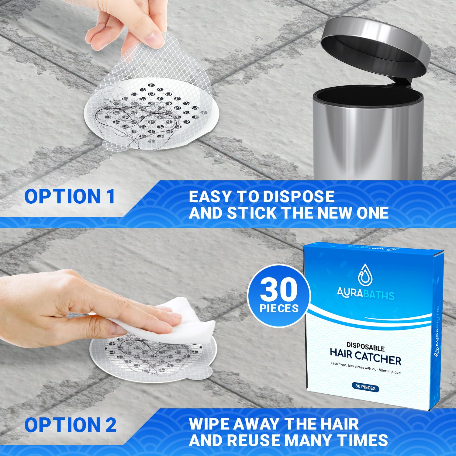 Disposable Shower Drain Hair Catcher - 30 Pack - Flat Mesh Hair Trapper - Waterproof Bathroom Sink Hair Trap Drain Cover