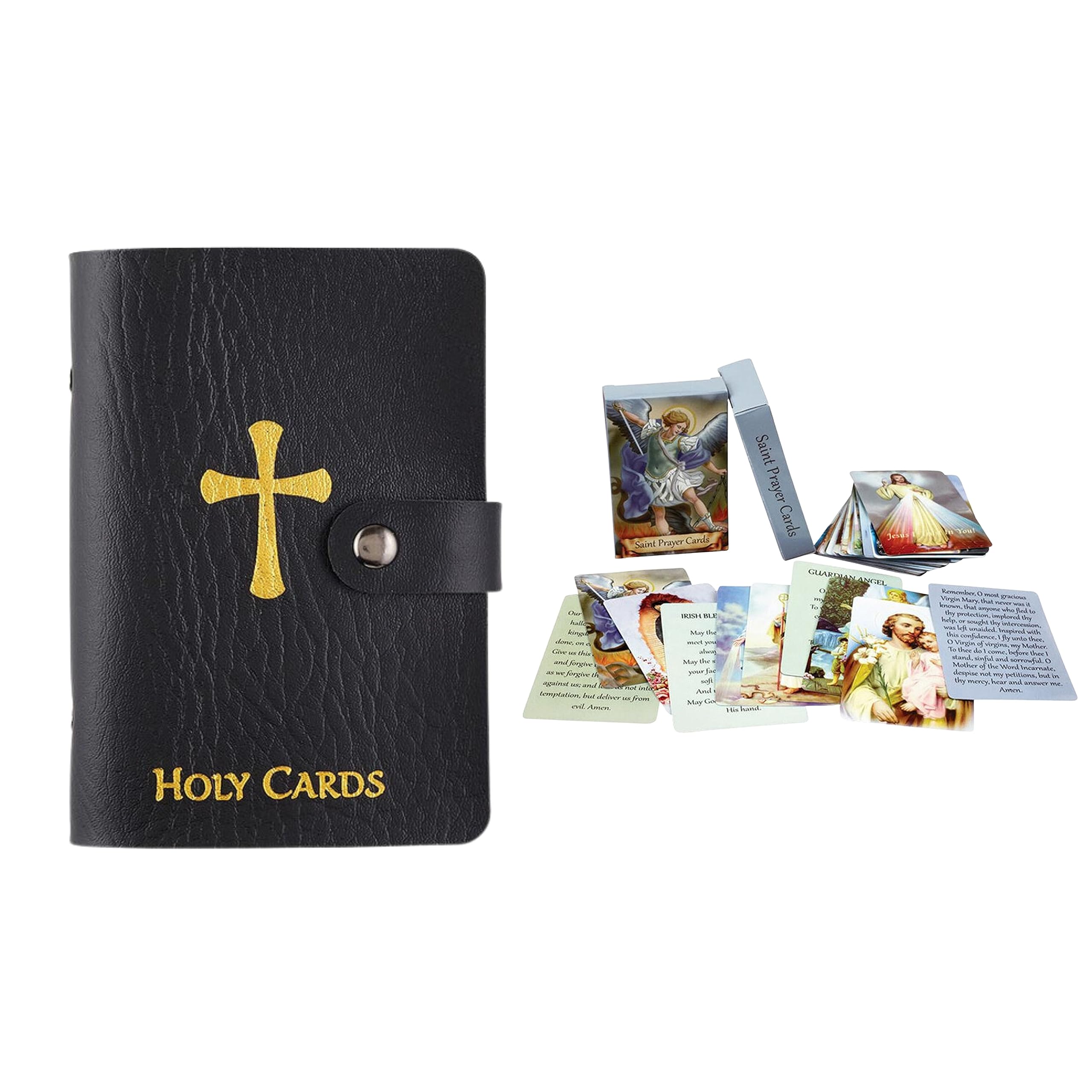 Black Faux Leather 20 Sleeve Forty Prayer Cards Holder and Set of 54 Holy Cards, Holy Card Organizer Holds 40 Laminated or Card Stock Memorial Saint Sacraments or Meditation Cards with Box of 54 Cards