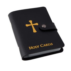 Black Faux Leather 20 Sleeve Forty Prayer Cards Holder and Set of 54 Holy Cards, Holy Card Organizer Holds 40 Laminated or Card Stock Memorial Saint Sacraments or Meditation Cards with Box of 54 Cards