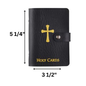 Black Faux Leather 20 Sleeve Forty Prayer Cards Holder and Set of 54 Holy Cards, Holy Card Organizer Holds 40 Laminated or Card Stock Memorial Saint Sacraments or Meditation Cards with Box of 54 Cards