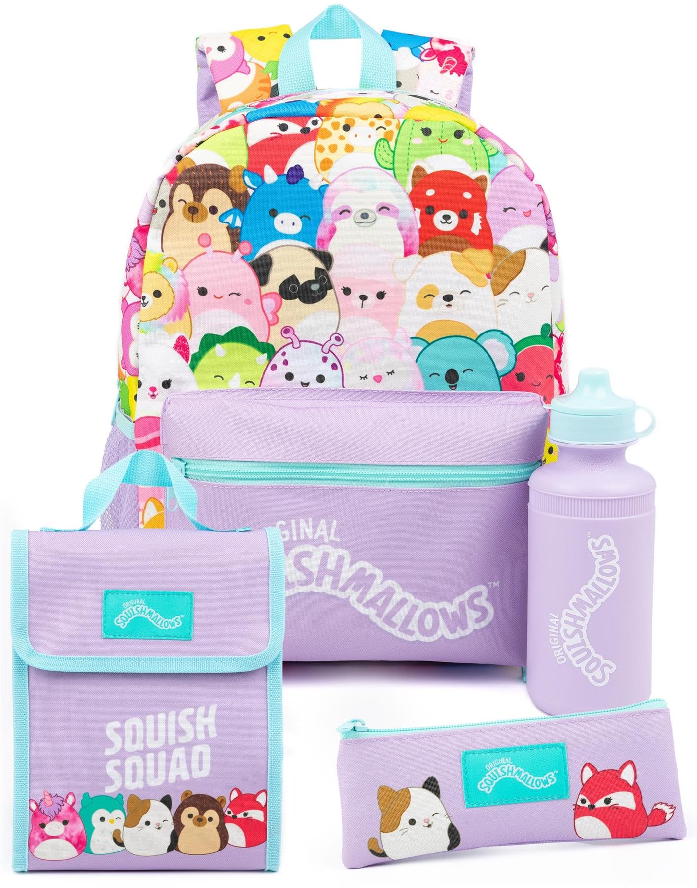 Squishmallows Girls 4 Piece Backpack Set | Kids Purple Rucksack Bundle with School Bag, Pencil Case, Lunch Bag & Water Bottle