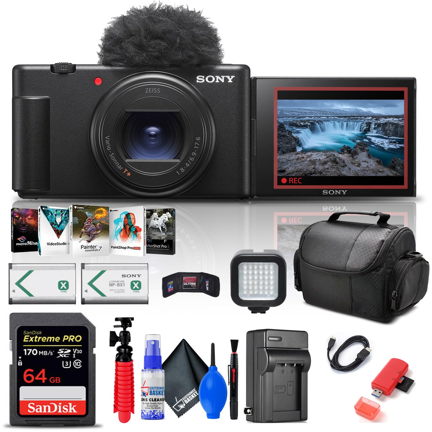 Sony ZV-1 II Vlog Camera for Content Creators and Vloggers (Black) (ZV-1M2/B) + 64GB Card + Corel Photo Software + NP-BX1 Battery + Card Reader + LED Light + Soft Bag + Flex Tripod + More (Renewed)