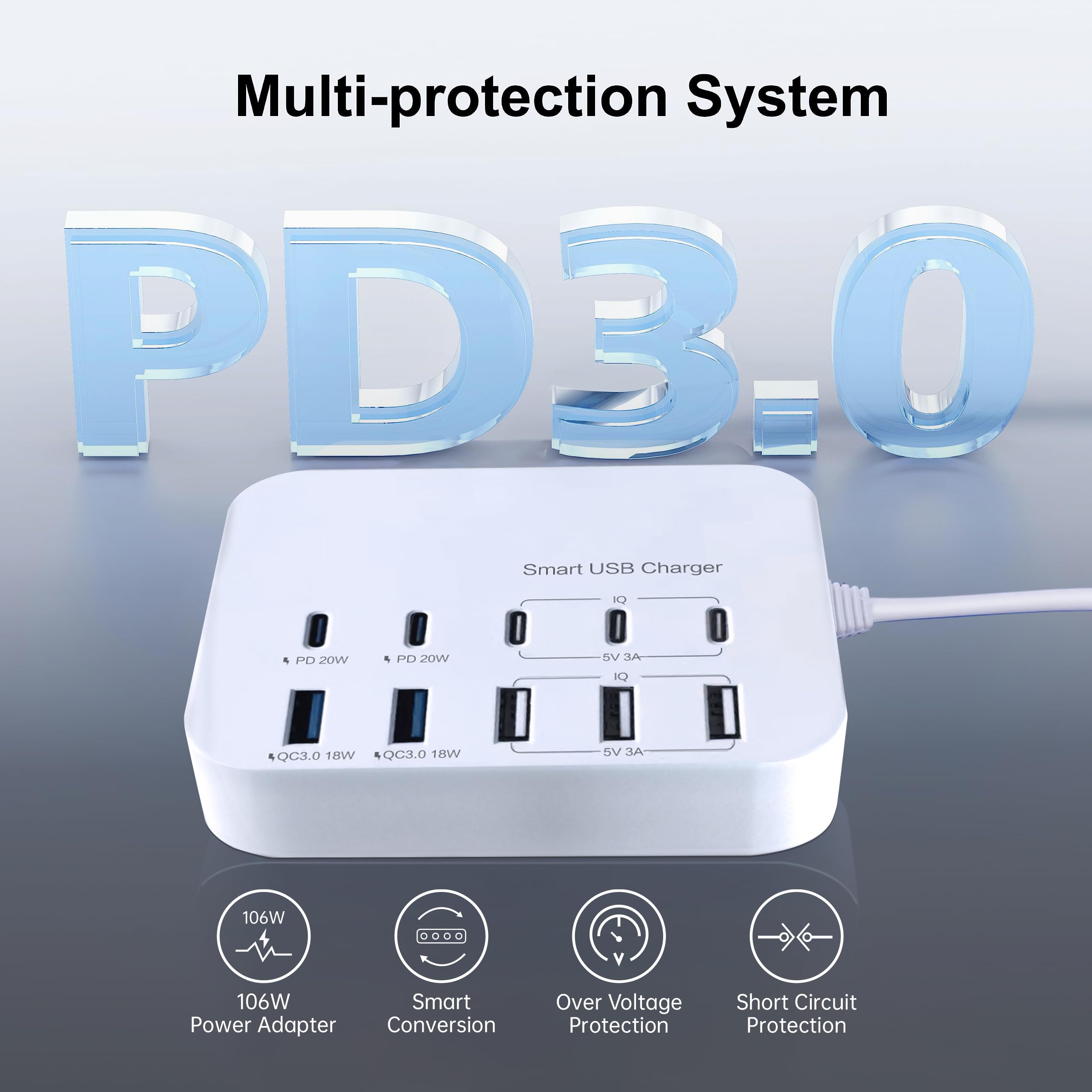 USB C Charging Station, 106W Quick USB C Charger Charging Hub 10 PowerPort for Multiple Devices Fast Charging Power Stock Station for iPhone Tablet Computer