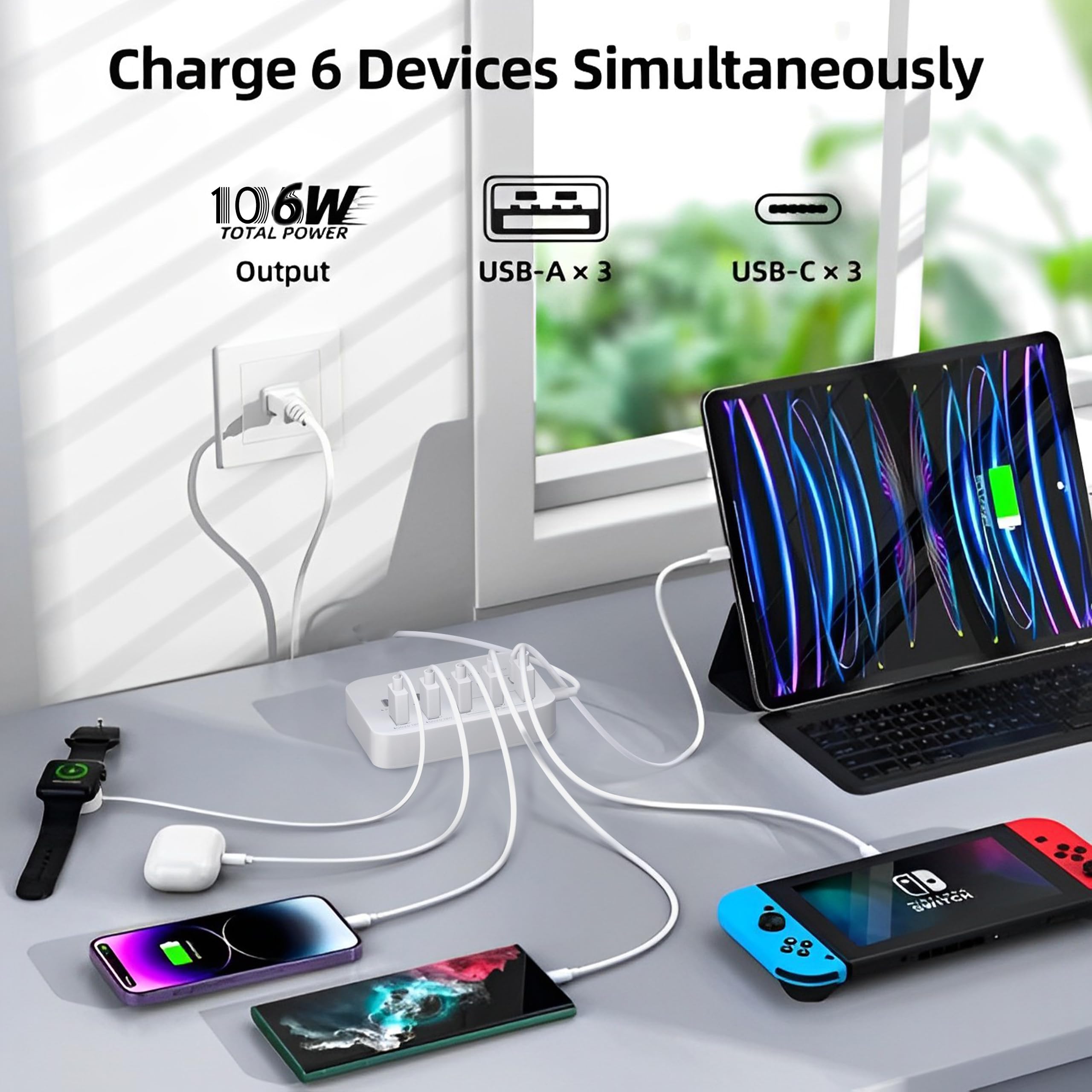 USB C Charging Station, 106W Quick USB C Charger Charging Hub 10 PowerPort for Multiple Devices Fast Charging Power Stock Station for iPhone Tablet Computer