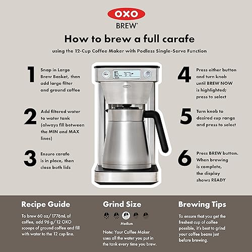 OXO Brew 12-Cup Coffee Maker With Podless Single-Serve Function,Silver