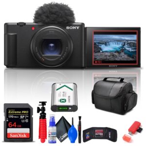 sony zv-1 ii vlog camera for content creators and vloggers (black) (zv-1m2/b) + 64gb memory card + card reader + deluxe soft bag + flex tripod + memory wallet + cleaning kit (renewed)