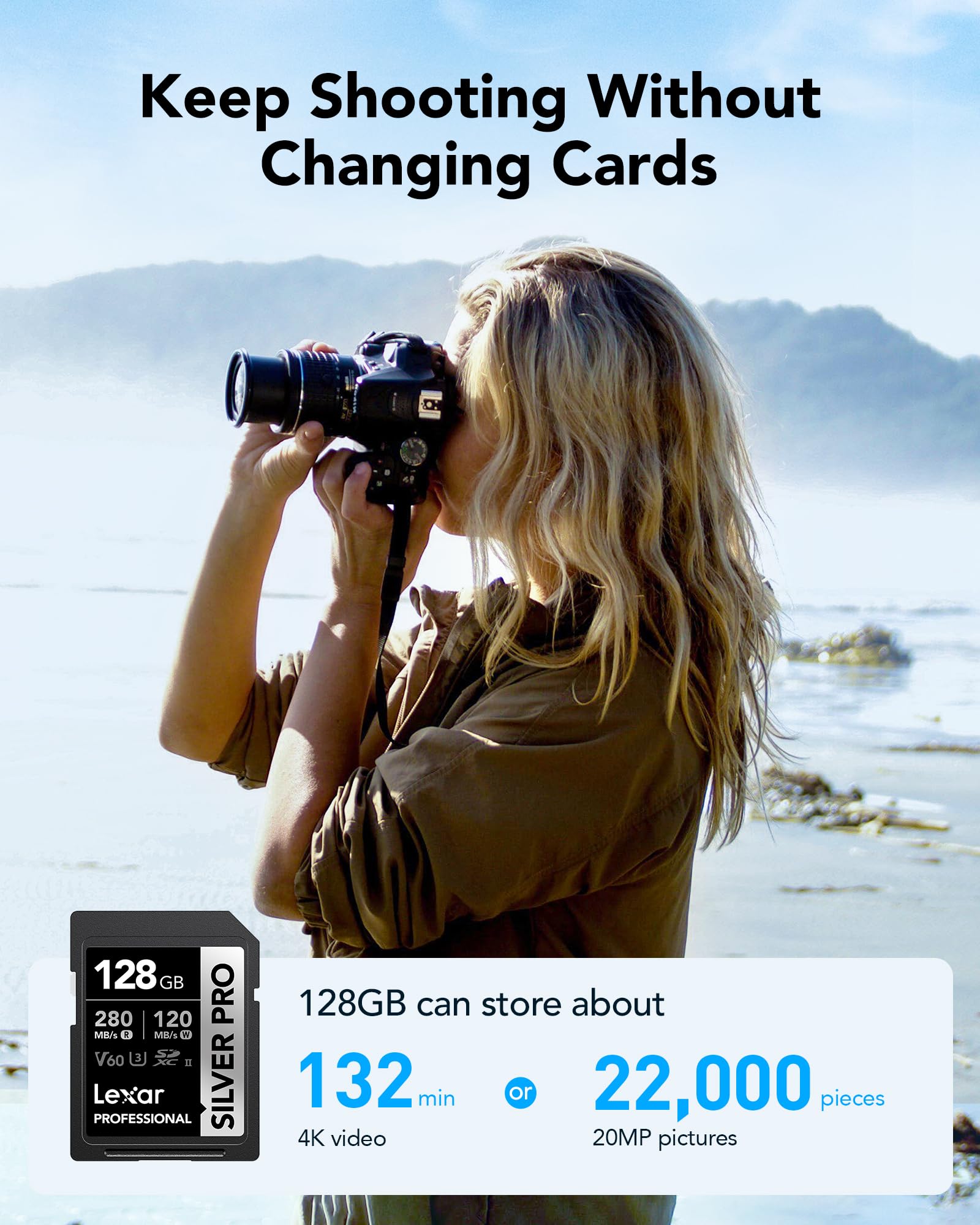 Lexar 128GB Professional 128GB SILVER PRO SDXC Memory Card, UHS-II, C10, U3, V60, Full-HD & 4K Video, Up To 280MB/s Read, for Professional Photographer, Videographer, Enthusiast (LSDSIPR128G-BNNNU)