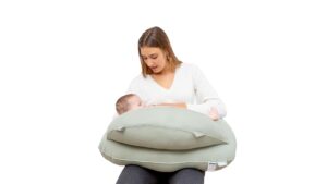 pharmedoc nursing pillow for breastfeeding - breast feeding pillows with safety bumper and adjustable waist straps - removable cover, sage - baby essentials for newborn - full support for mom and baby