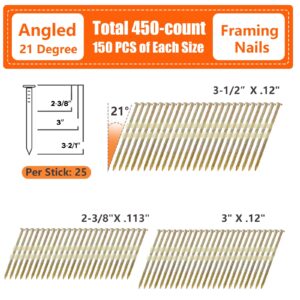 SITLDY Framing Nails 21 Degree 3 SIZES (3-1/2"+3.0"+ 2-3/8", 150 per Size) Full Round Head EG Smooth Shank, 450 Count Assorted Size, for Pneumatic, Electric 20 to 22 Degree Framing Nailer