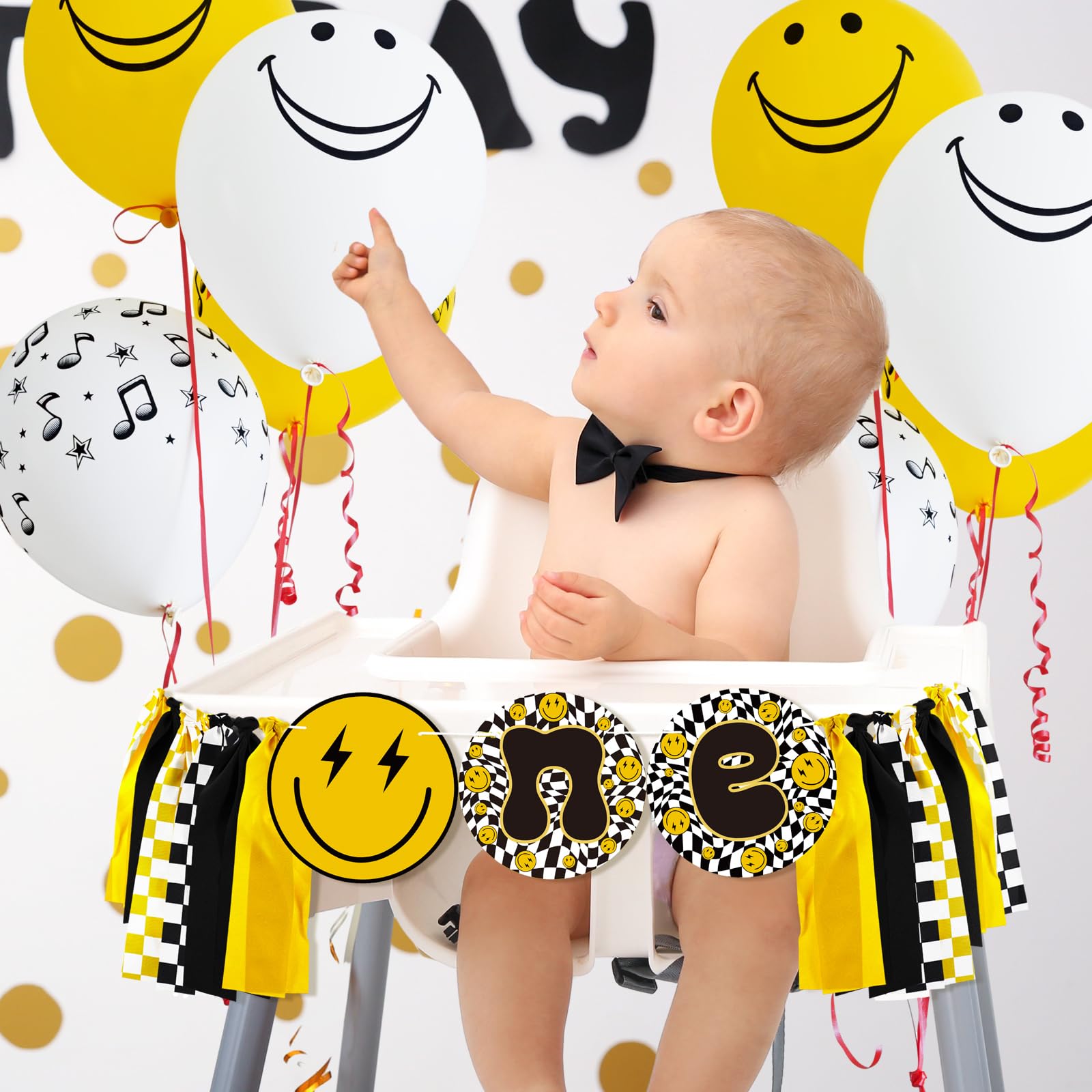 Therwen One Happy Dude High Chair Banner Lightning Smile Face First Birthday Banner One Happy Dude Birthday Decor Groovy Hippie Party Supplies for Kids 1st Birthday Baby Shower Photo Props (Cute)