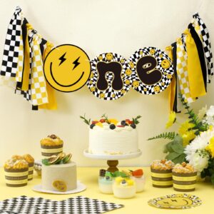 Therwen One Happy Dude High Chair Banner Lightning Smile Face First Birthday Banner One Happy Dude Birthday Decor Groovy Hippie Party Supplies for Kids 1st Birthday Baby Shower Photo Props (Cute)