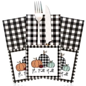 whaline 36pcs fall thanksgiving utensil cutlery holders buffalo plaids pumpkin knife forks silverware paper pouch bags autumn harvest cutlery wraps tableware holder for dinner table setting decor