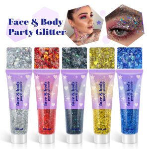 Body Glitter Gel, 2 Jars Holographic Chunky Glitter Makeup for Body, Hair, Face, Nail, Lip, Eyeshadow, Total 120ML Long Lasting Iridescent Chunky Glitter for Concert Festival Rave (Red & Black)