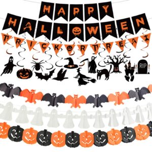 halloween party decorations outdoor indoor decor, happy halloween accessories with trick or treat banner, 3 pcs large halloween garland bat ghost pumpkin, hanging party supplies backdrop for home