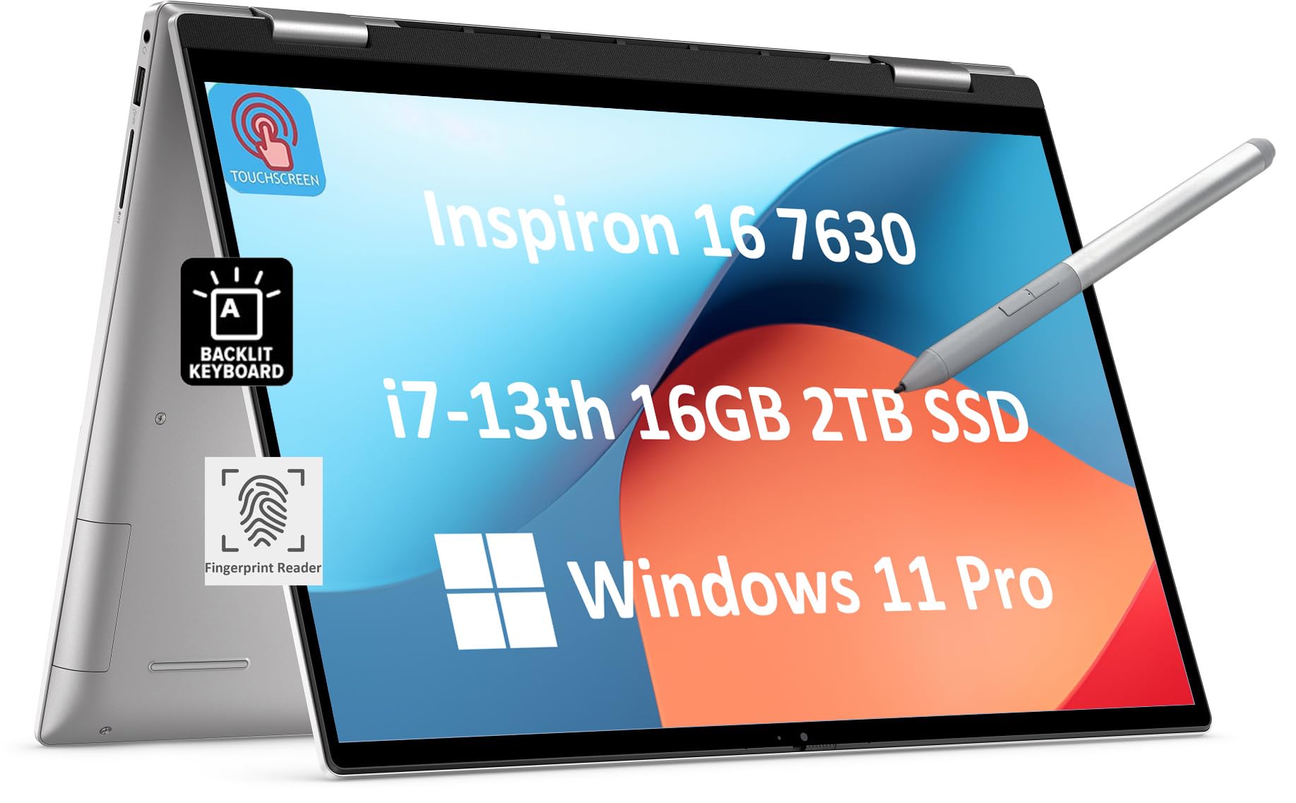 Dell Inspiron 16 7000 7630 2-in-1 Business Laptop (16" FHD+ Touchscreen, 13th Gen Intel 12-Core i7-1360P, 16GB DDR5 RAM, 2TB SSD, Active Stylus) Backlit, Fingerprint, FHD Webcam, Win 11 Pro, Silver