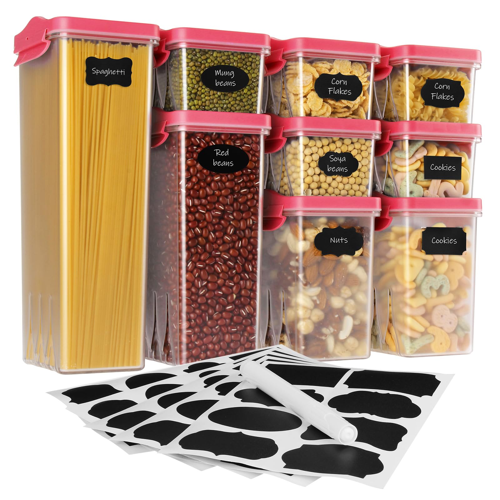 HOMER Food Storage Containers with Lids Airtight - 9 PCS BPA Free Plastic Containers Set for Kitchen Pantry Organize Cereal, Coffee, Pasta, Rice, Sugar, Flour - Labels & Marker