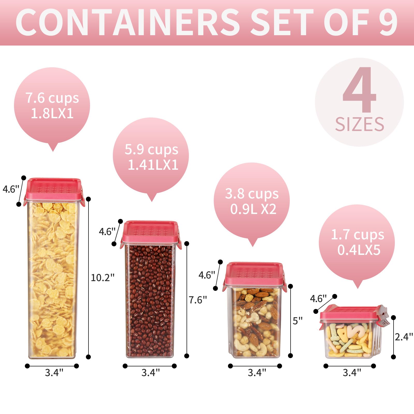 HOMER Food Storage Containers with Lids Airtight - 9 PCS BPA Free Plastic Containers Set for Kitchen Pantry Organize Cereal, Coffee, Pasta, Rice, Sugar, Flour - Labels & Marker