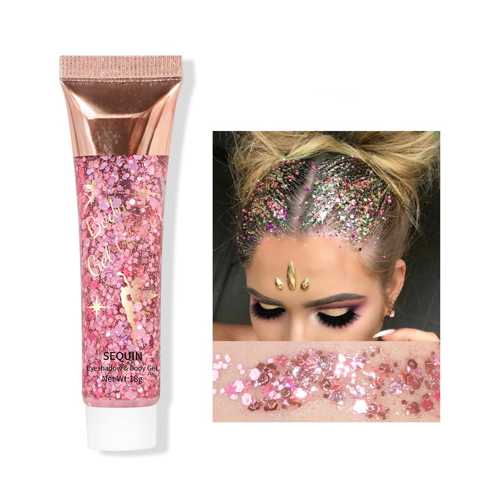 SeleneTenderaes 8 Pink Color Body Glitter Silver Face Hair Self Adhesive Gel Festival Accessories Cosmetic Glitter Long Lasting Chunky Sequins Glitters for Eye Lip Nails Gel Festival Rave 23g