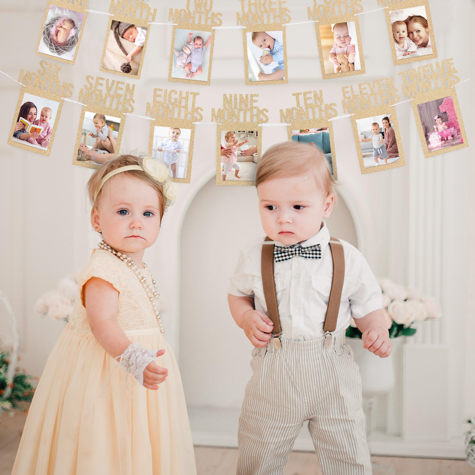 Whaline 1st Birthday Baby Photo Banner for Newborn to 12 Months, Monthly Milestone Photograph Bunting Garland, First Birthday Celebration Decoration (Champagne Gold)