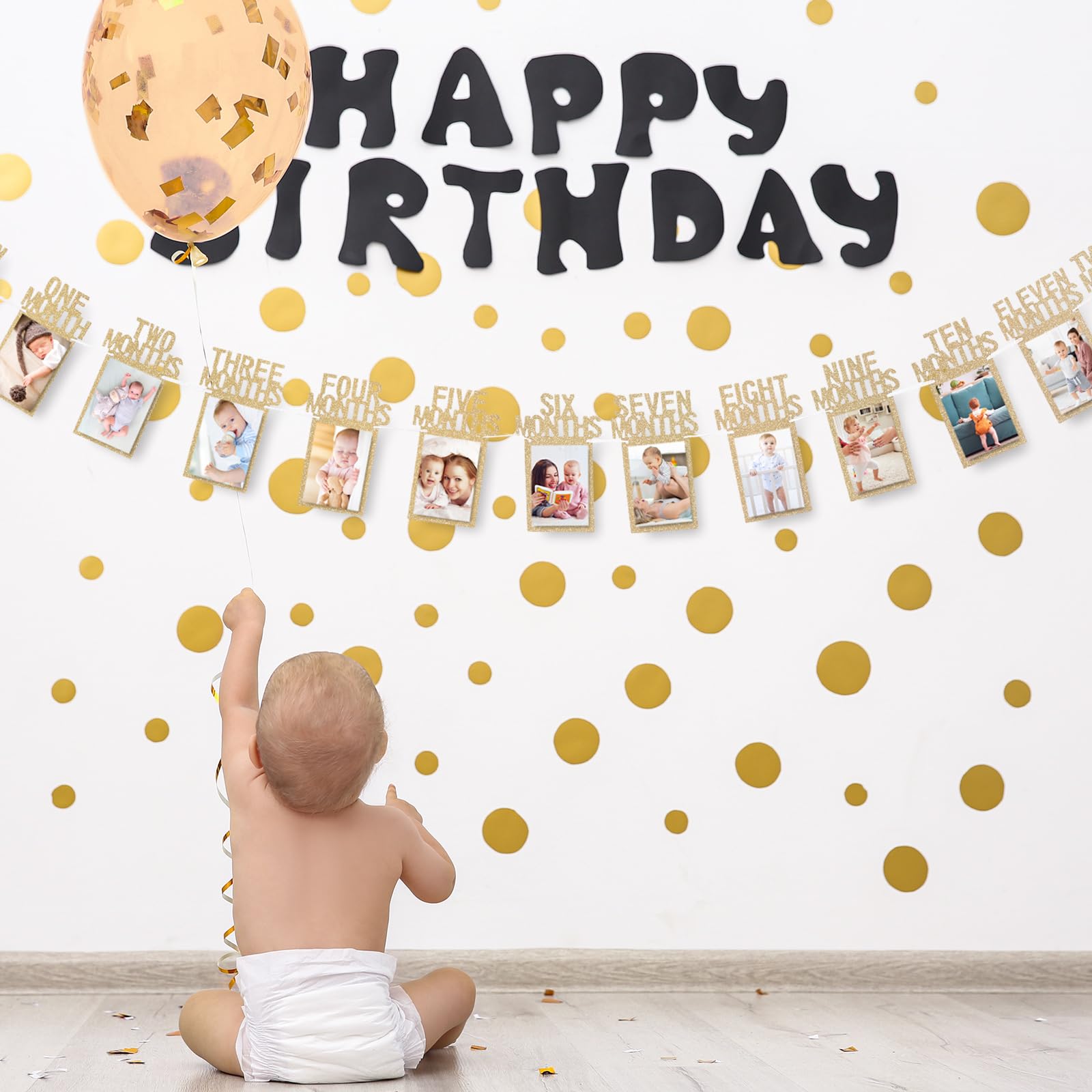 Whaline 1st Birthday Baby Photo Banner for Newborn to 12 Months, Monthly Milestone Photograph Bunting Garland, First Birthday Celebration Decoration (Champagne Gold)