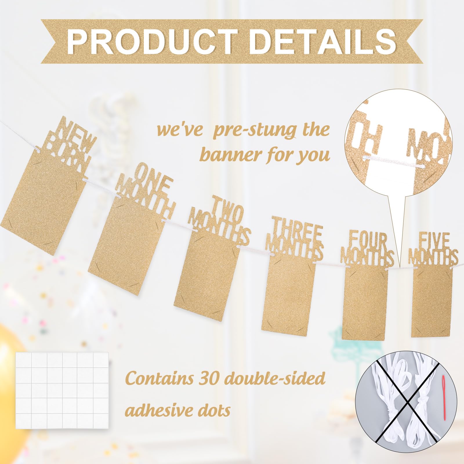 Whaline 1st Birthday Baby Photo Banner for Newborn to 12 Months, Monthly Milestone Photograph Bunting Garland, First Birthday Celebration Decoration (Champagne Gold)