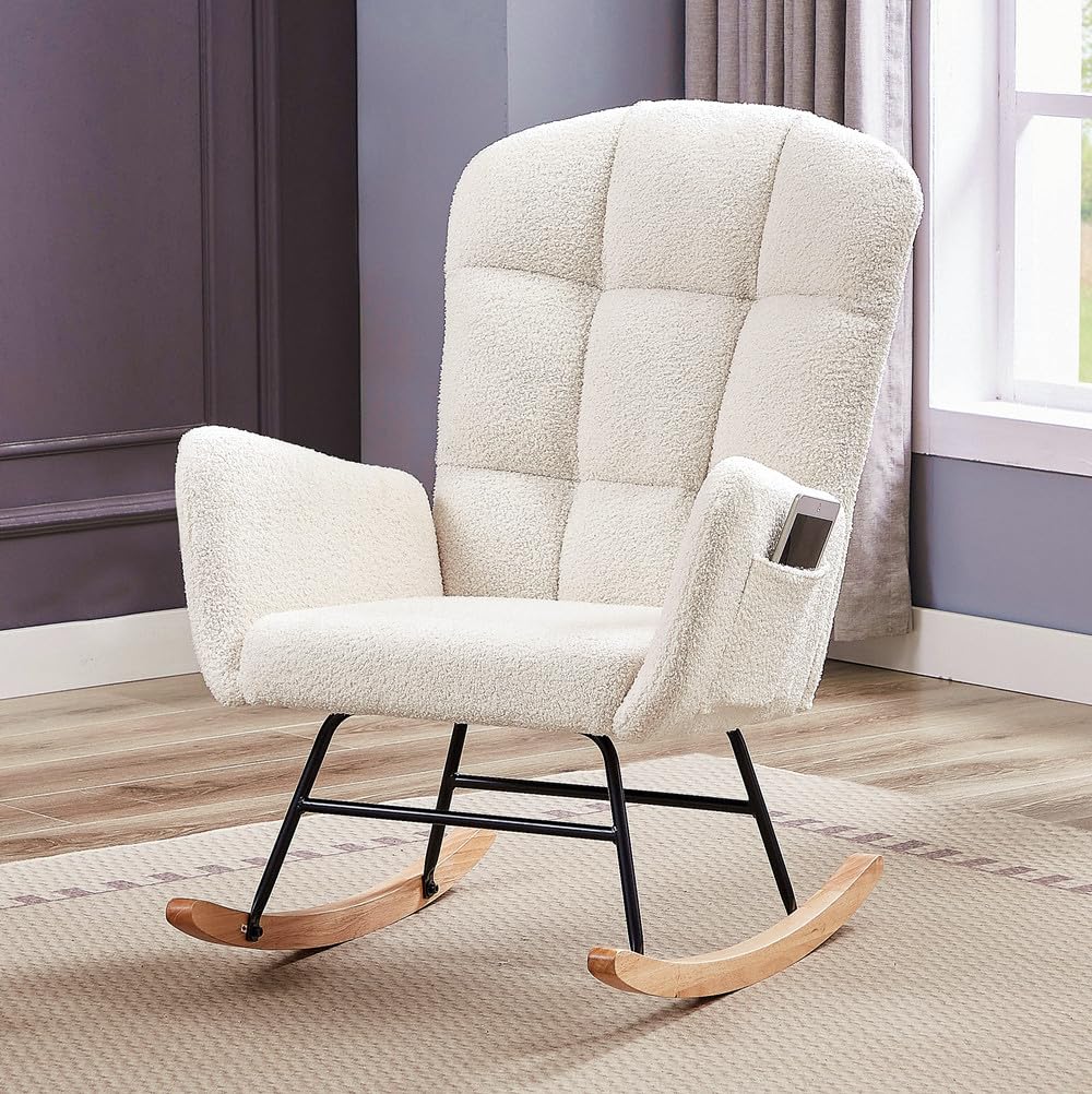 hansones Nursery Rocking Chair,Upholstered Glider Chair with High Backrest Armchair Chair for Living Room Bedroom Offices (Cream White Teddy)