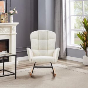 hansones Nursery Rocking Chair,Upholstered Glider Chair with High Backrest Armchair Chair for Living Room Bedroom Offices (Cream White Teddy)