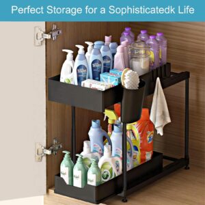 YIYUE Under Sink Storage, Adjustable Height Bathroom Kitchen Pull Out under Sink Organizer and Storage, 2 Tie Non - slip Sturdy Double Sliding Drawers Black