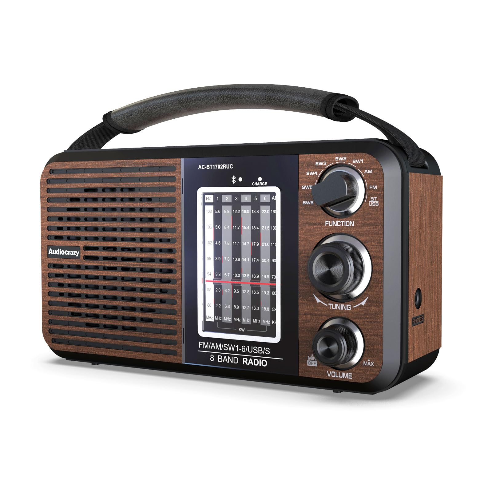 Audiocrazy AM FM Portable Radio Shortwave Radio with Bluetooth,Radio Plug in Wall or Battery Powered,Rechargeable Radio with Strong Recepiton,Headphone Jack,SD/USB Slot,Good for Home Seniors Elderly