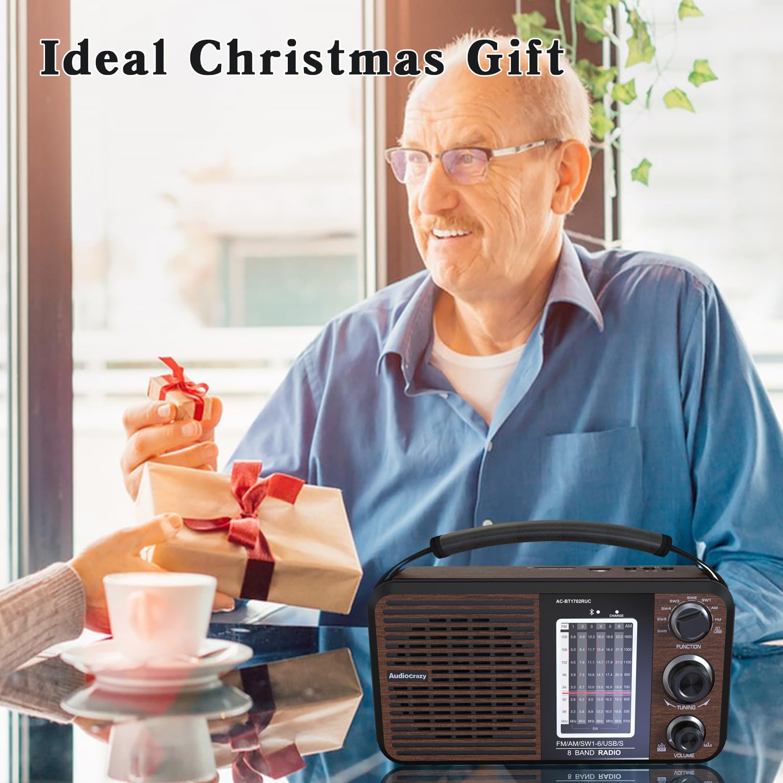 Audiocrazy AM FM Portable Radio Shortwave Radio with Bluetooth,Radio Plug in Wall or Battery Powered,Rechargeable Radio with Strong Recepiton,Headphone Jack,SD/USB Slot,Good for Home Seniors Elderly