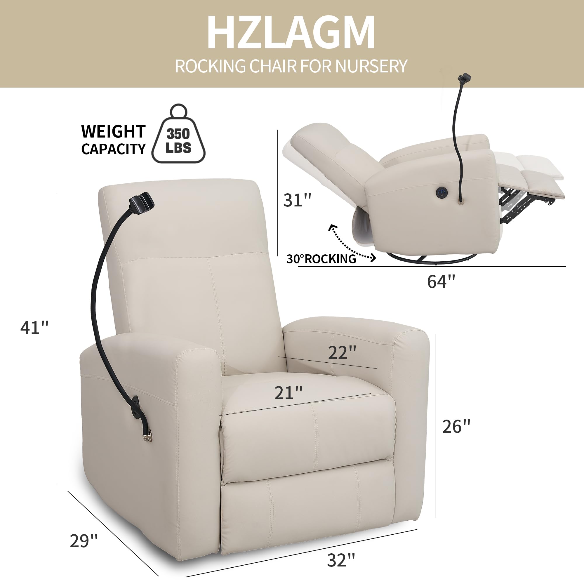 hzlagm Power Swivel Glider Chair Nursery, Swivel Rocker Recliner with USB Ports, Rocking Chair with Microfiber Leather, Waterproof, Living Room, Nursery - Beige