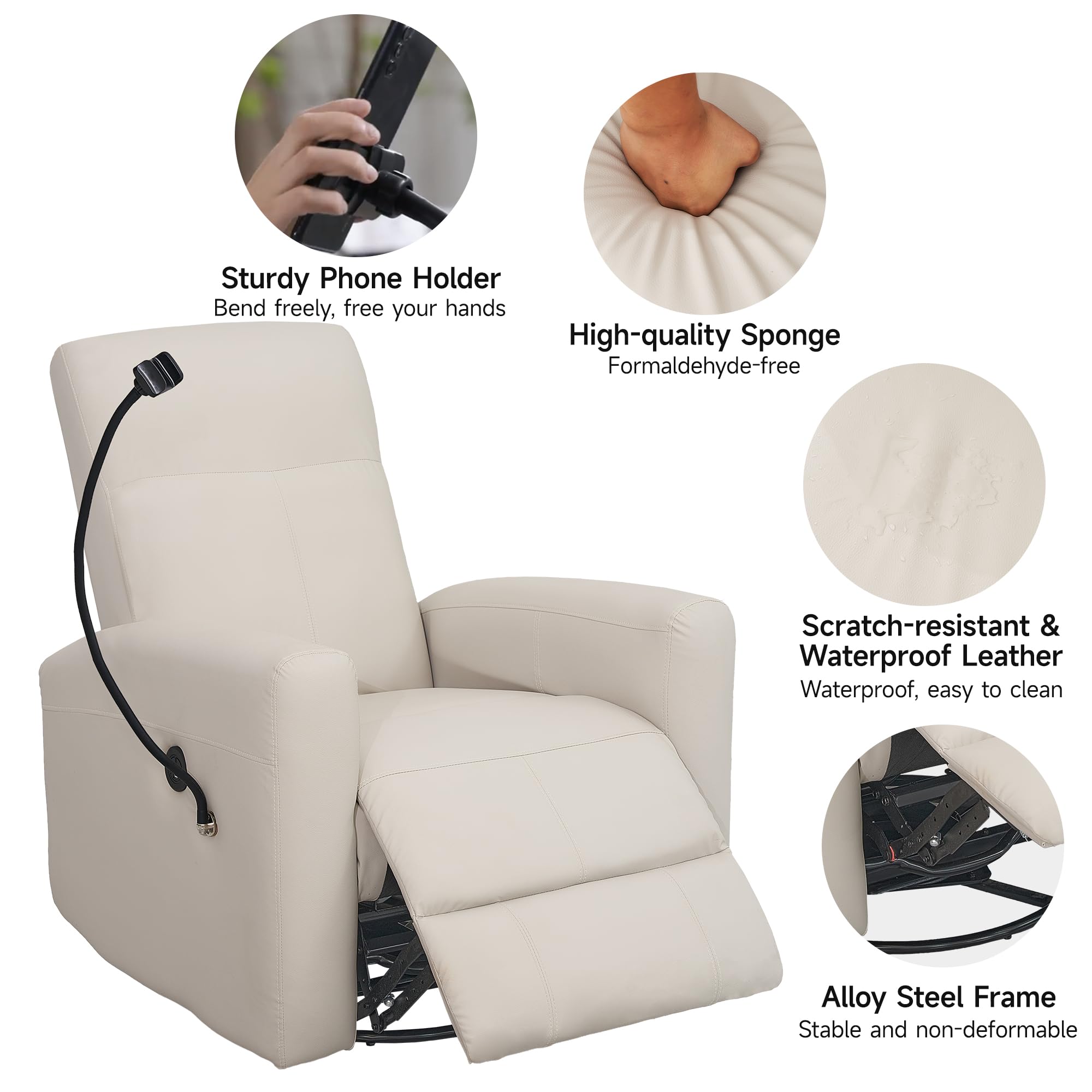 hzlagm Power Swivel Glider Chair Nursery, Swivel Rocker Recliner with USB Ports, Rocking Chair with Microfiber Leather, Waterproof, Living Room, Nursery - Beige