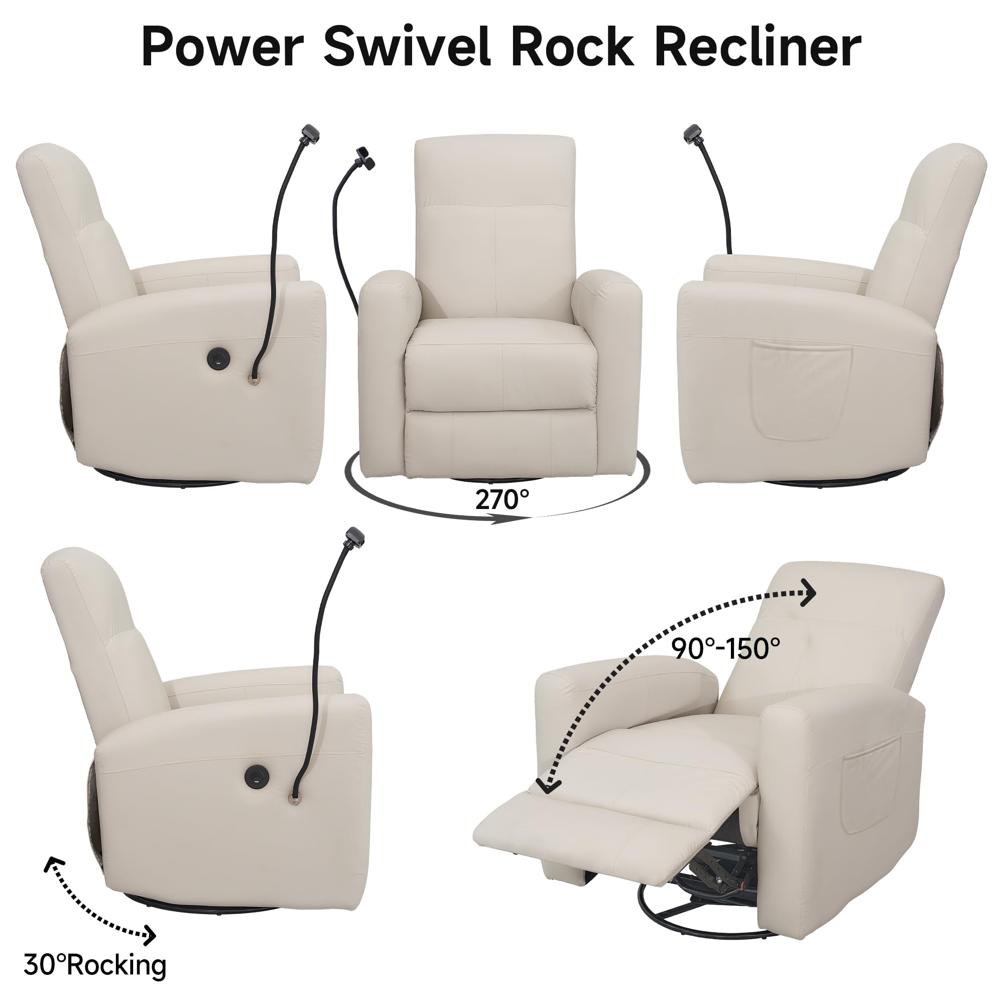 hzlagm Power Swivel Glider Chair Nursery, Swivel Rocker Recliner with USB Ports, Rocking Chair with Microfiber Leather, Waterproof, Living Room, Nursery - Beige