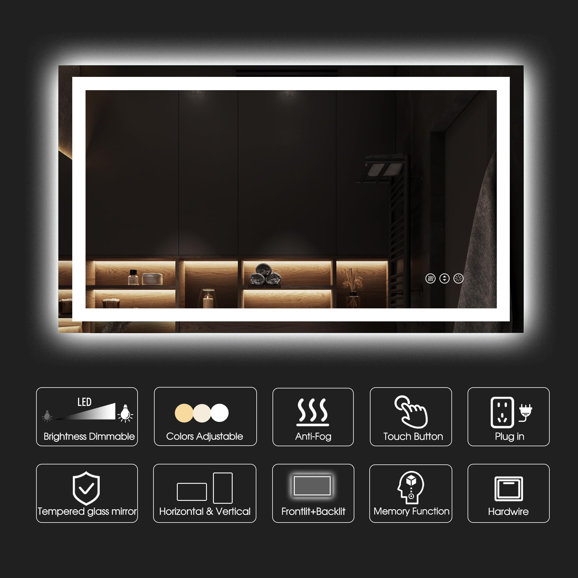 S·BAGNO LED Bathroom Mirror with Lights 28"X20", Wall -Mounted Lighted Bathroom Vanity Mirror, Anti-Fog, Dimmable, Backlit+Front Lit, Tempered Glass, Memory Function(Horizontal/Vertical)