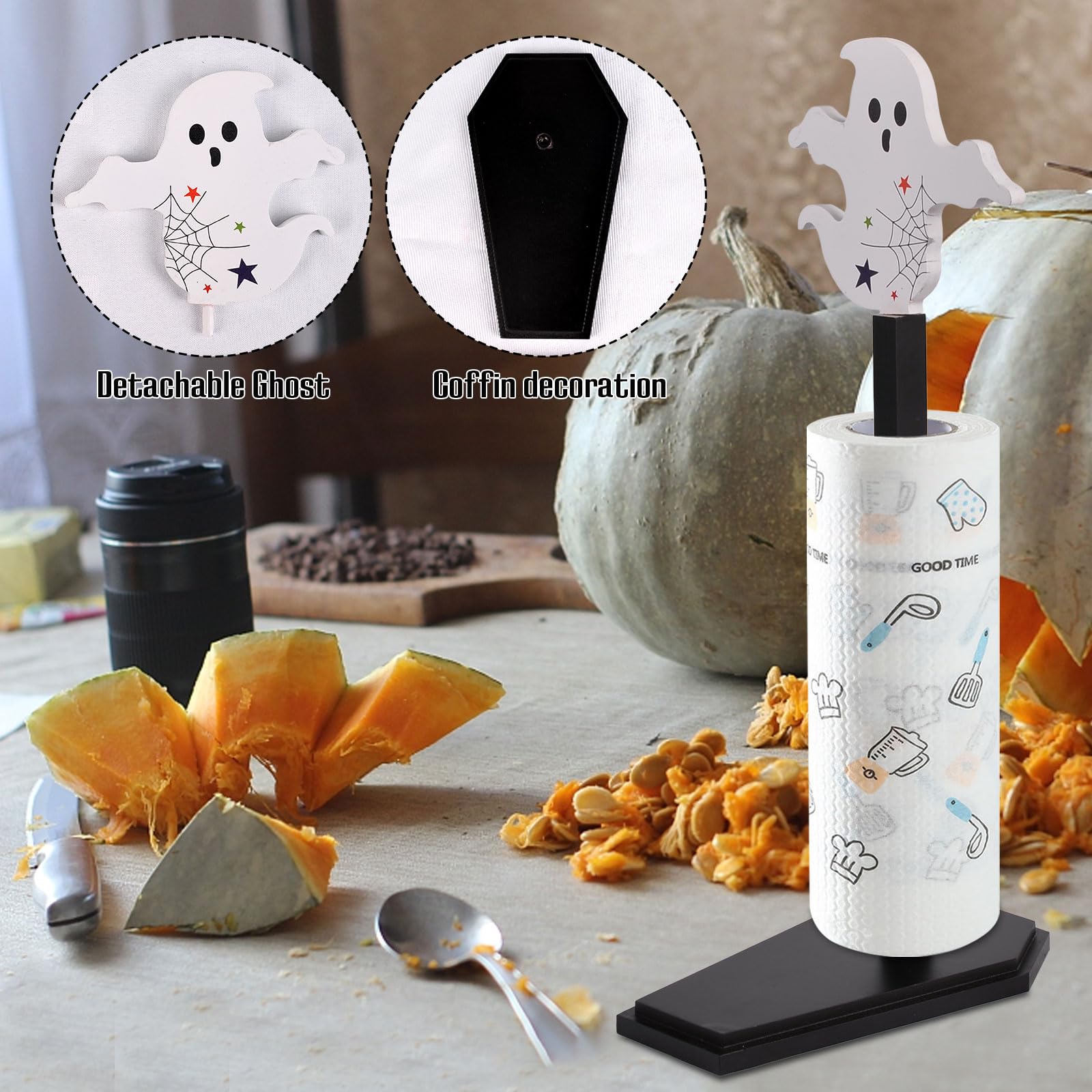 2PCS Bat Paper Towel Holder with Coffin Base-Gothic Home Decor for Halloween-Ghost Halloween Gothic Decor Paper Towel Holder for Countertop Stand (Ghost)