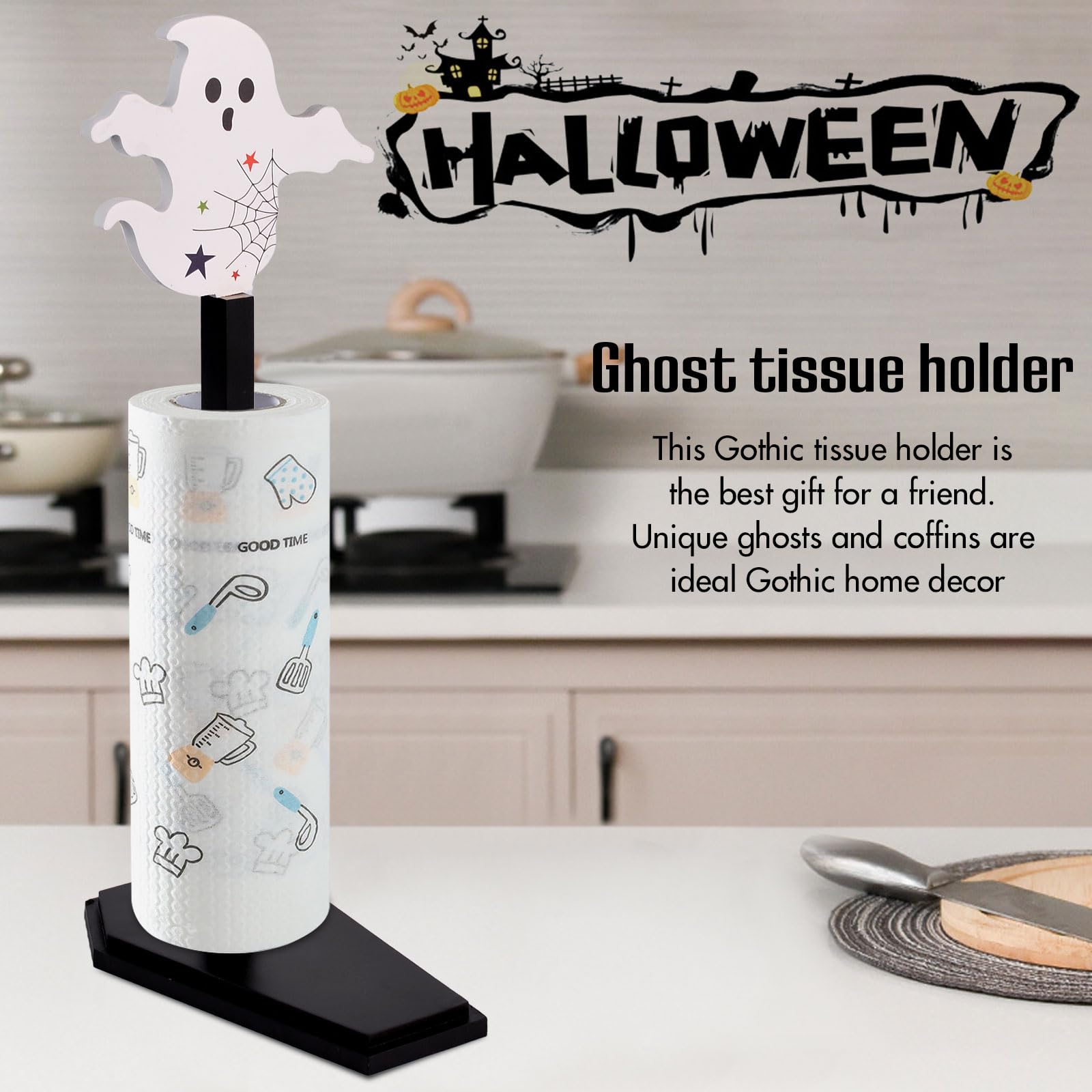 2PCS Bat Paper Towel Holder with Coffin Base-Gothic Home Decor for Halloween-Ghost Halloween Gothic Decor Paper Towel Holder for Countertop Stand (Ghost)