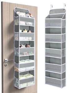 yecaye 1 pc over the door organizer with 5 bins 10 side pockets, 44lbs load hanging bathroom organizer, no tilt closet organizers and storage for bedroom, baby organizer for extra storage, grey