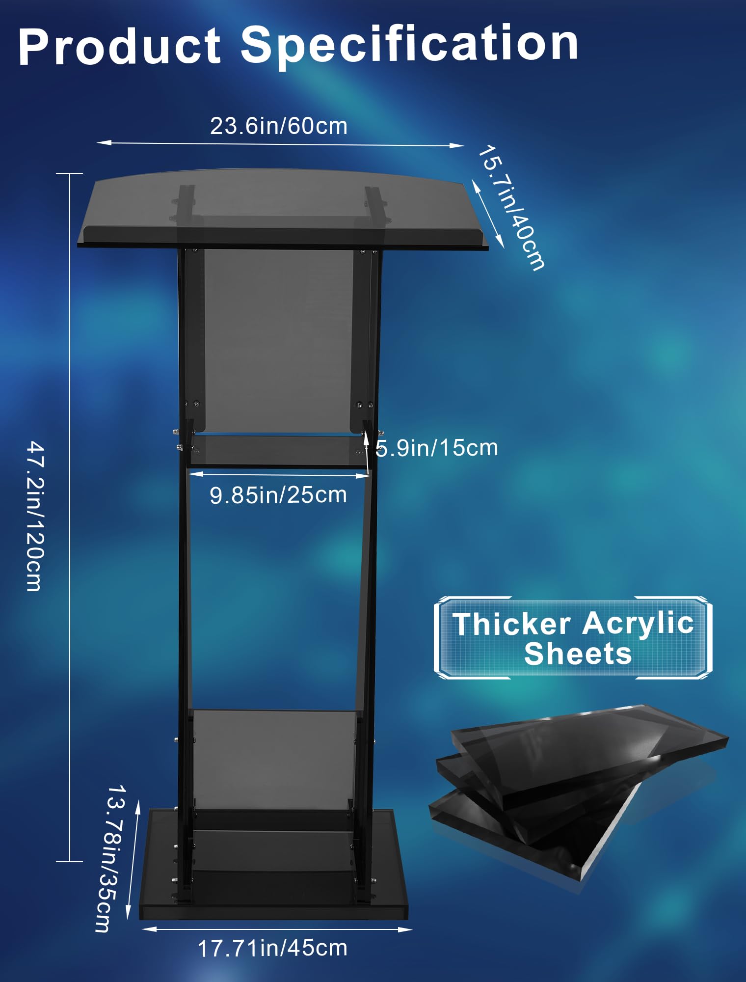 HODLBIT Upgraded Acrylic Podium Stand, Pulpits for Churches, 47.5inch Modern Lecterns & Podiums with Storage Shelf for Classroom, Weddings, Professional Presentation Podiums, Easy Assembly