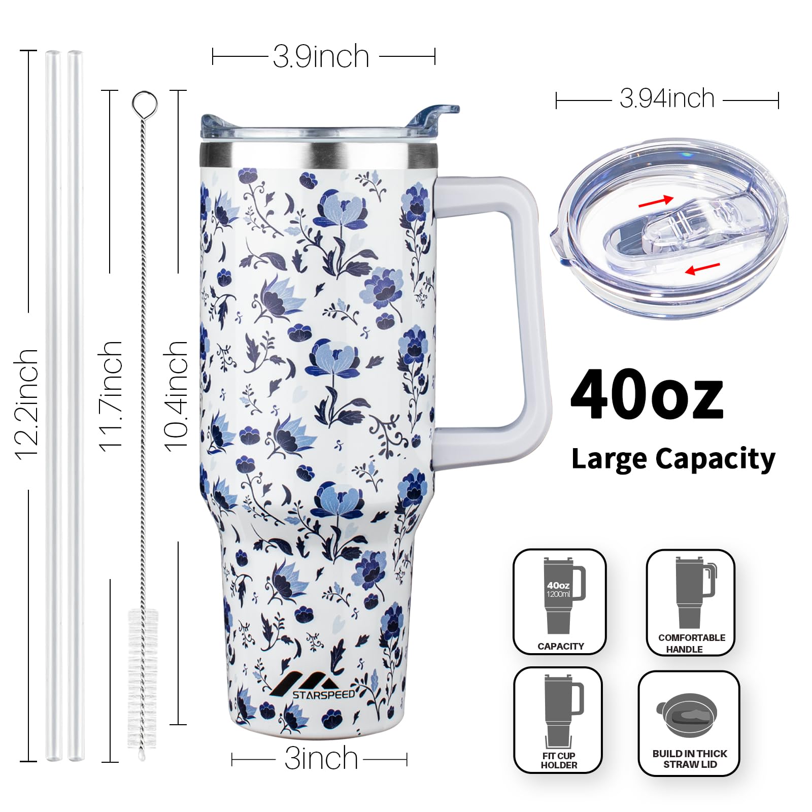 StarSpeed 40 oz Tumbler with Handle and Straw Lid | Stainless Steel Water Bottle Travel Mug Reusable Insulated Cup With Lid And Straw, Keep Cold Heat and Ice for Hours(40oz,Porcelain)