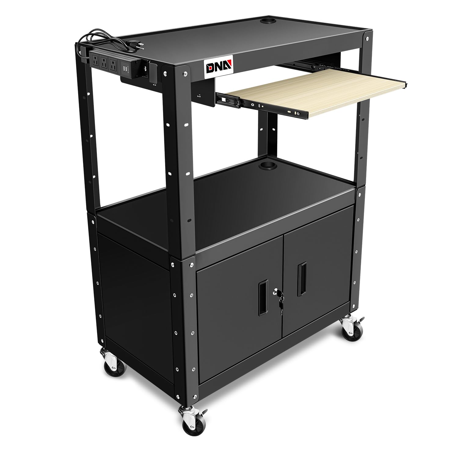 DNA MOTORING Steel AV Cart with Extra Storage Cabinet, 30.8" x 18" x 22"-42" Height Adjustable Rolling Projector Utility Cart, TOOLS-00293