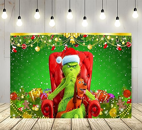 Green Christmas Backdrop for Party Supplies 5x3ft Grinch and Dog Photo Background Merry Christmas Photography Backdrop Grinchmas Banner