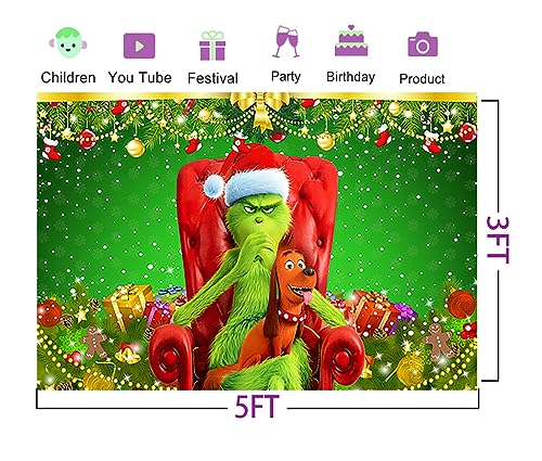 Green Christmas Backdrop for Party Supplies 5x3ft Grinch and Dog Photo Background Merry Christmas Photography Backdrop Grinchmas Banner