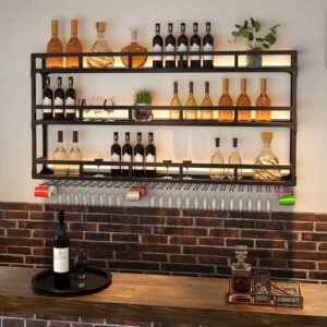 LED Wall Mounted Wine Rack, Customizable Metal Floating Shelves for Home, Restaurant, Bars, Bottle & Glass Holder with Upside Hanging Goblet