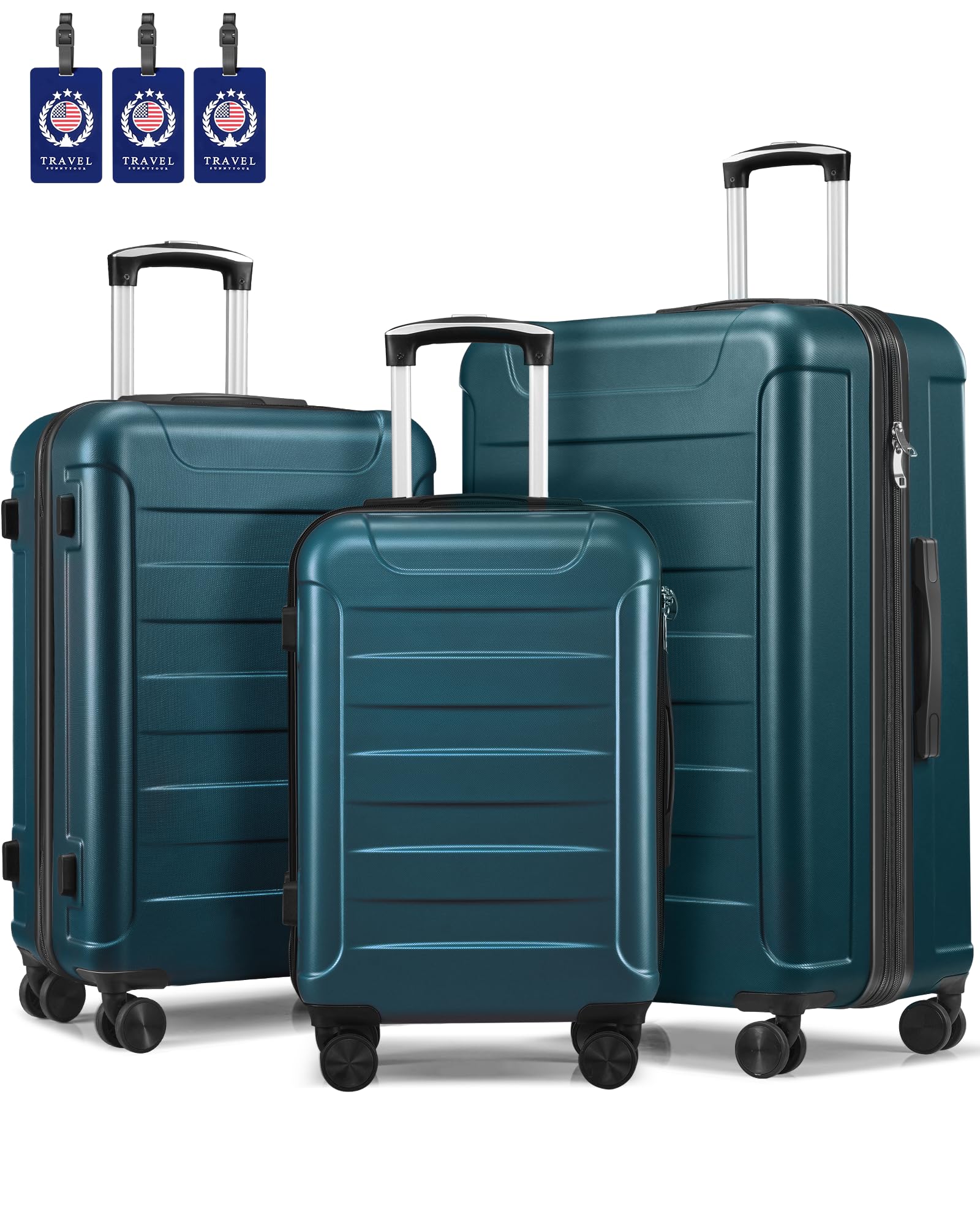 SunnyTour 3 Piece Luggage Set, Hardside Lightweight Suitcase Sets with Spinner Wheels (20"/24"/28", Green Blue)