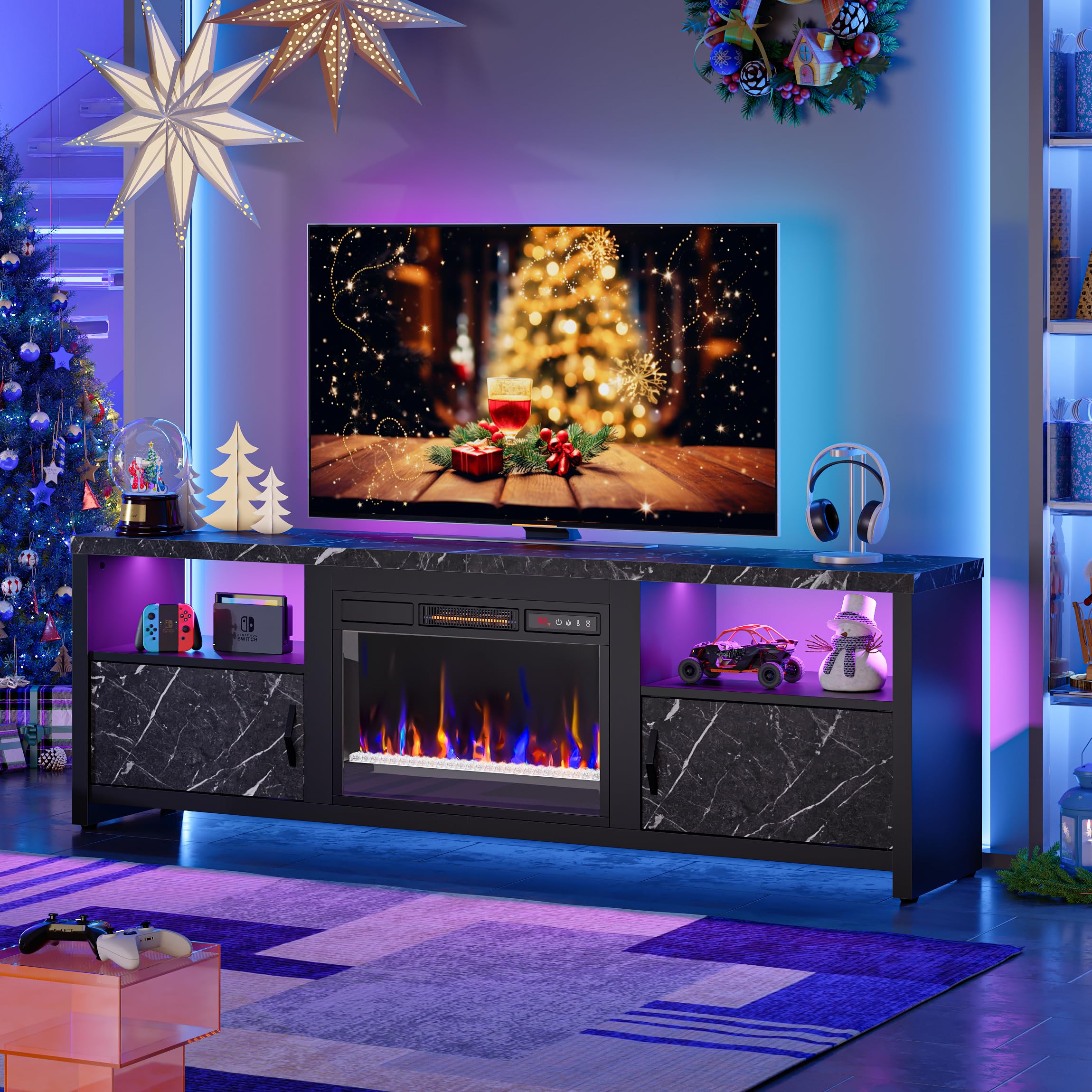 Bestier LED Fireplace TV Stand for 80 inch TV, Modren Entertainment Center with Storage Cabinets, Large Console TV Table for Living Room Bedroom - Black Marble