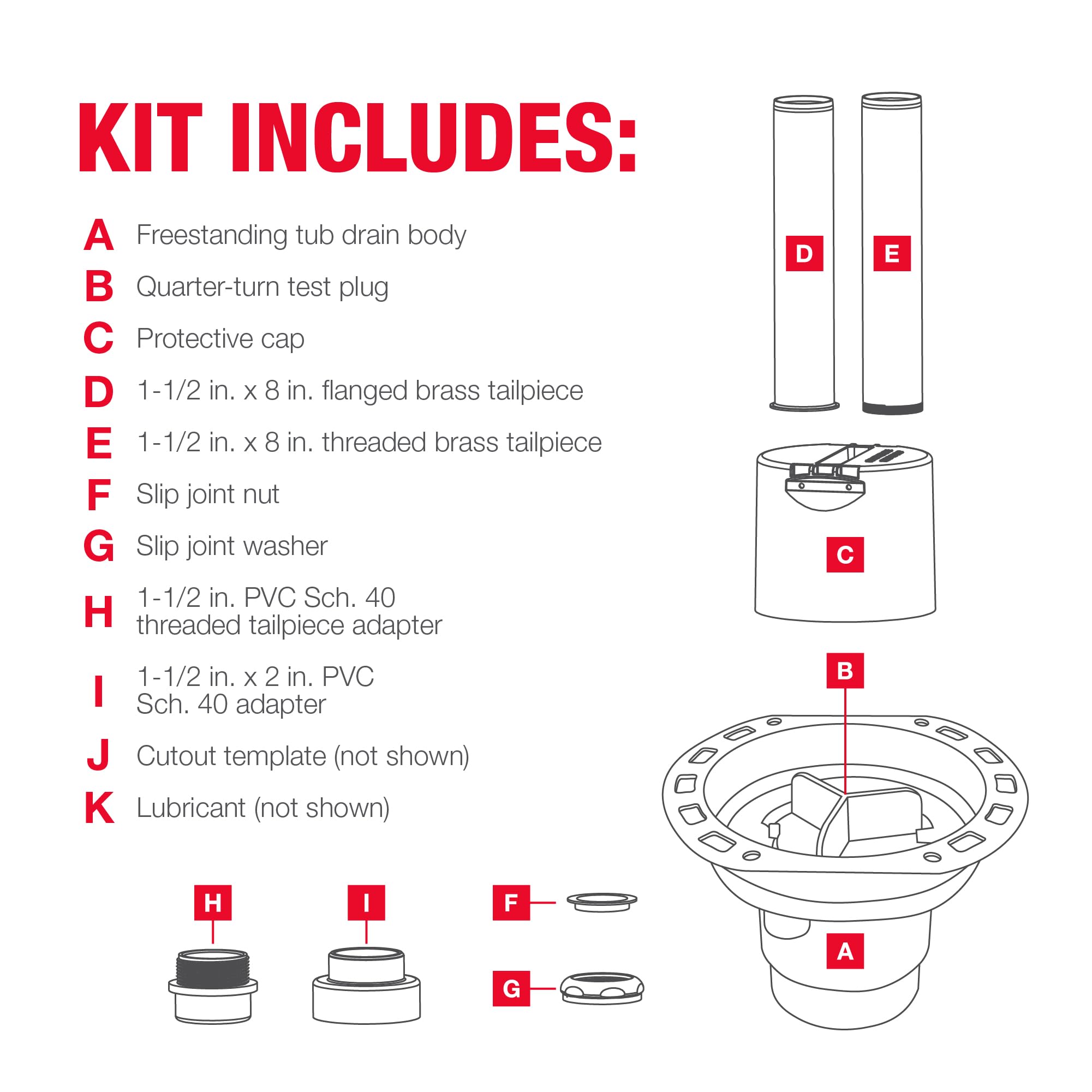 Oatey 46000P PVC Universal Freestanding Tub Drain Kit, White