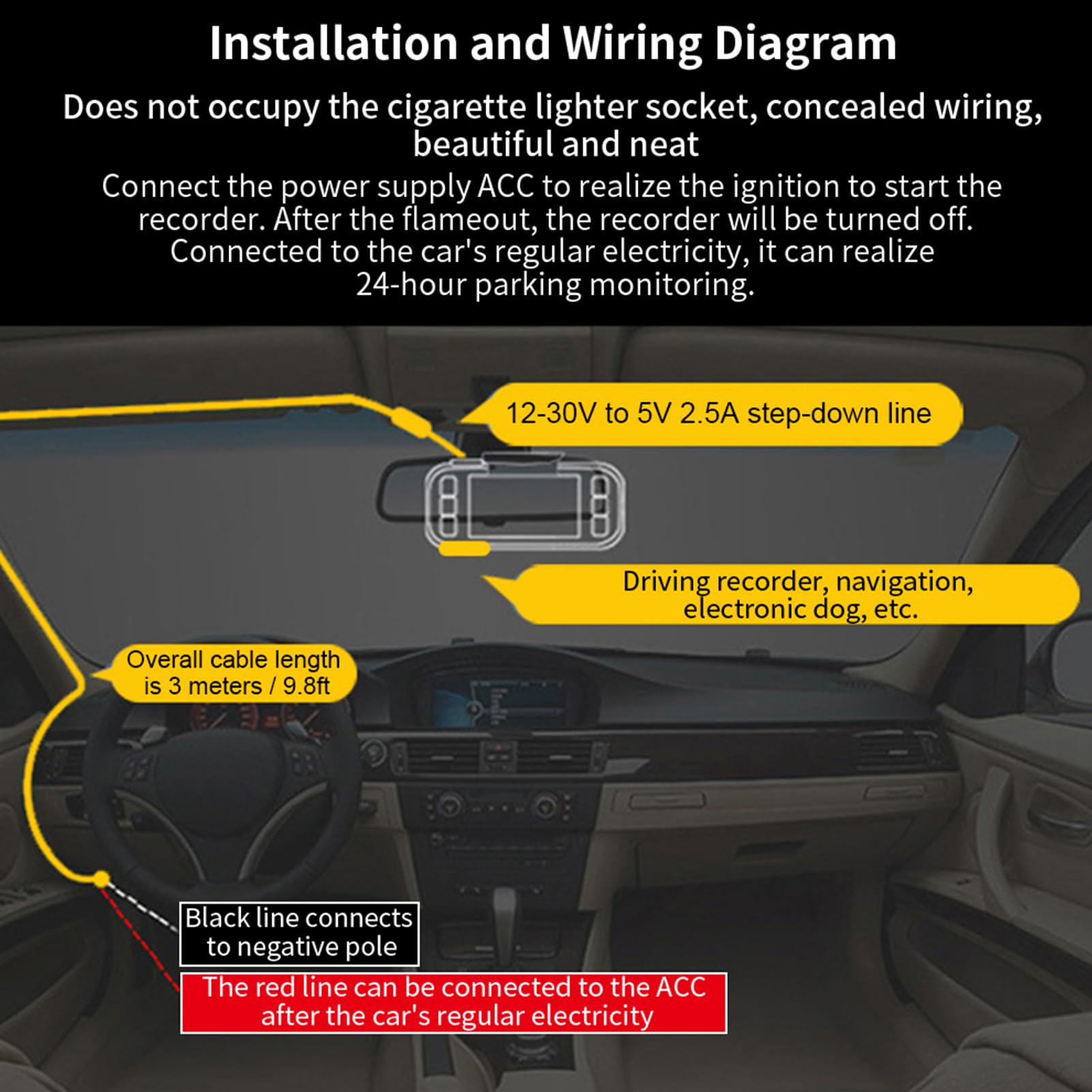 Car Parking Monitoring Line,Dash Cam Hardwire Kit 12V,24V to 5V 2.5A Left Angle Mini USB Step Down Line for Parking Monitoring