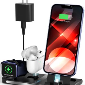 3 in 1 Charging Station, Foldable Charging Stand for Multiple Apple Devices Compatible with iPhone, iWatch, Air Pods, 18W Fast Charge Portable Travel Charger with QC3.0 Adapter