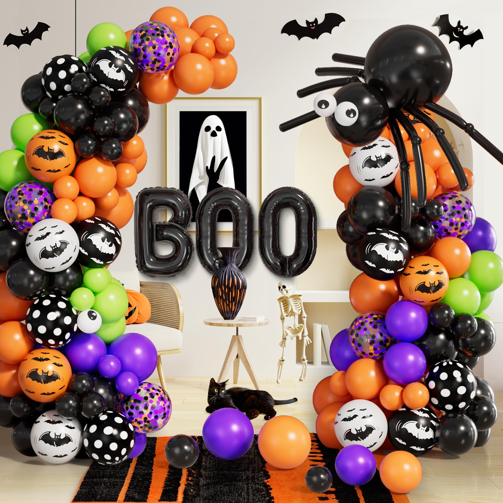 Grcypa Halloween Balloon Garland Arch kit with Spider Balloons Black Orange Purple Fruit Green Confetti Balloons BOO Foil Motifs Balloons for Halloween Theme Birthday Party Backdrops Decorations