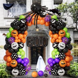 Grcypa Halloween Balloon Garland Arch kit with Spider Balloons Black Orange Purple Fruit Green Confetti Balloons BOO Foil Motifs Balloons for Halloween Theme Birthday Party Backdrops Decorations